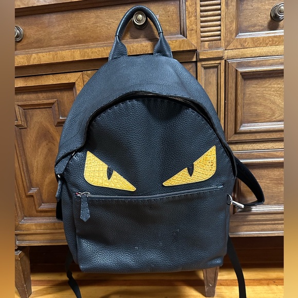 Fendi | Accessories | Fendi Black Backpack Yellow Face Real Leather ...